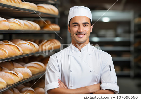Handsome baker in uniform with bread shelves... - Stock Illustration ...
