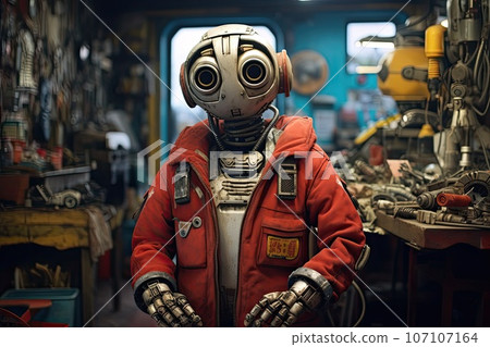 Robot repairman stands in dirty work human... - Stock Illustration ...
