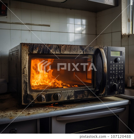 Burning microwave oven close-up, fire in the... - Stock Illustration ...