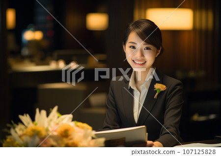 A female employee serving customers at the... - Stock Illustration ...