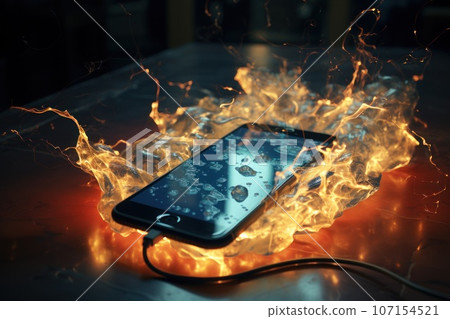 Mobile phone catches fire whilst charging. Fire... - Stock Illustration ...