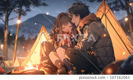 Two people cuddling around a bonfire at camp - Stock Illustration ...