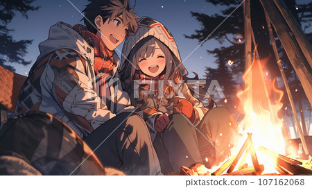 Two people cuddling around a bonfire at camp - Stock Illustration ...