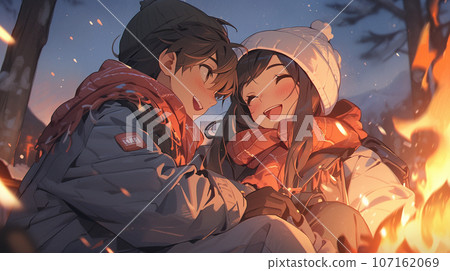 Two people cuddling around a bonfire at camp - Stock Illustration ...