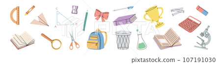 Set of school supplies. Protractor ruler,... - Stock Illustration ...