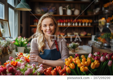 Portrait of beautiful florist at a flower shop - Stock Illustration ...
