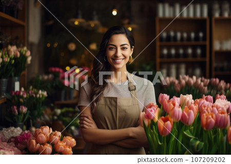 Portrait of beautiful florist at a flower shop - Stock Illustration ...