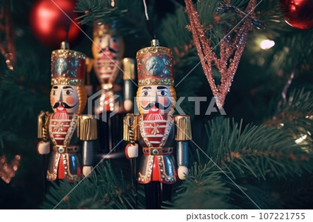 nutcracker figures nestled within pine branches... - Stock Illustration ...