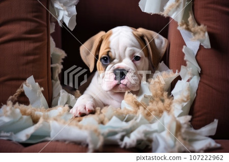a bulldog puppy with pieces of a ripped pillow... - Stock Illustration ...