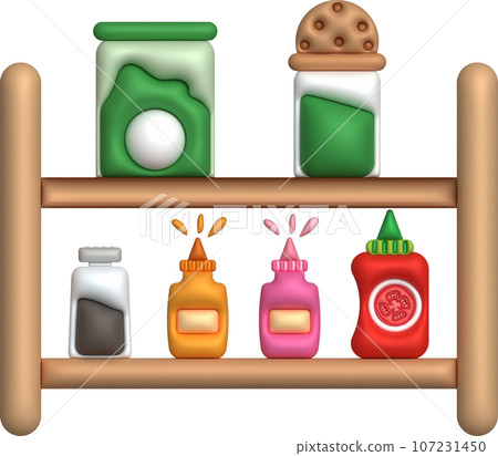 3d illustration Condiment shelves with bottles... - Stock Illustration ...