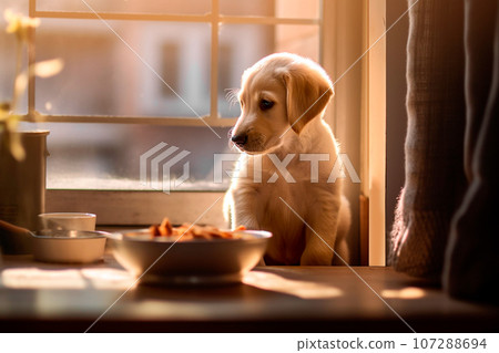 sad Labrador Retriever puppy in front of bowl... - Stock Illustration ...