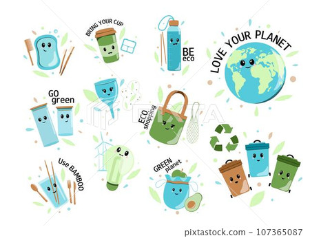Set of Zero Waste cartoon stickers. Cute baby... - Stock Illustration ...