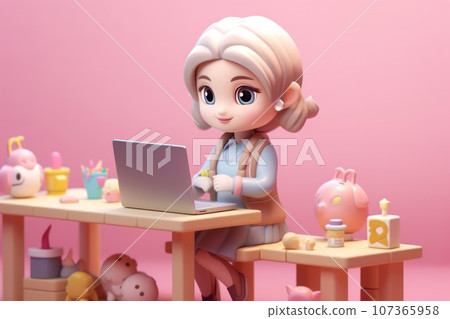 A business girl working with laptop on desk 3D...-插圖素材 [107365958 ...