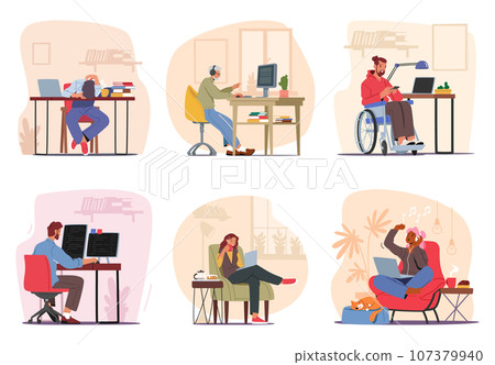 Characters Working At Their Computers, Each... - Stock Illustration ...