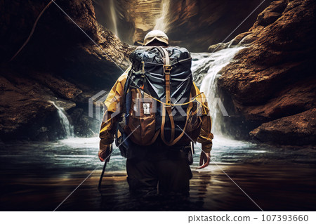 Man exploring the cave deep under earth.... - Stock Illustration ...