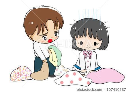 A man and a woman pick up clothes scattered on... - Stock Illustration ...