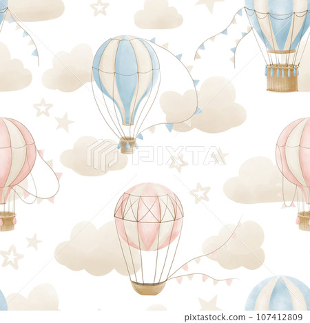 Hot air Balloons seamless Pattern. Watercolor... - Stock Illustration ...