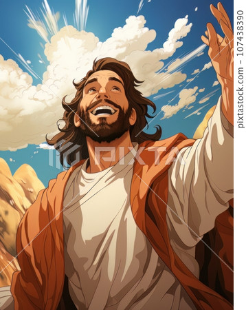 Cartoon Jesus Christ greets and rejoices on a... - Stock Illustration ...