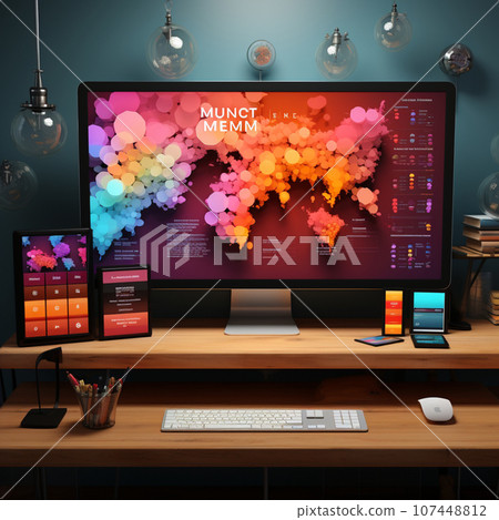[AI generated image] PC desk with a beautiful... - Stock Illustration ...
