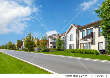 Beautifully lined residential streetscape (AI... - Stock Illustration ...
