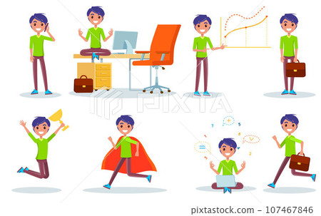 Set of student boy in different poses doing... - Stock Illustration ...