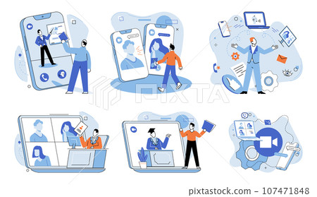 Virtual meeting, online teamwork set. Phone and... - Stock Illustration ...