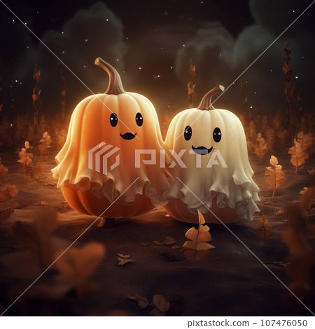 couple of cute ghosts in a field with pumpkins - Stock Illustration ...