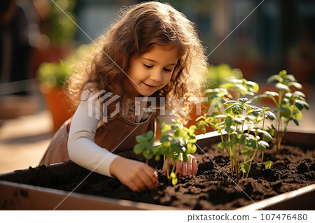 Little Girl Lovingly Planting in Her Home... - Stock Illustration ...