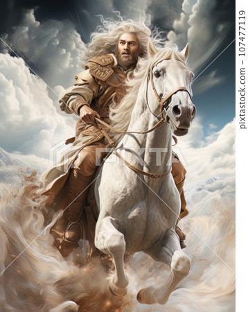 God rides on white horse through the clouds in...-插圖素材 [107477119 ...