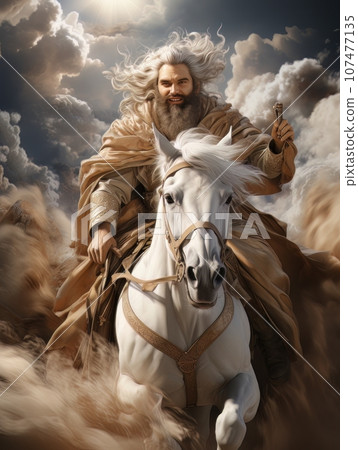 God rides on white horse through the clouds in... - Stock Illustration ...