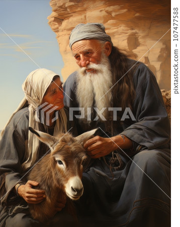 Christian nomads Mary and Joseph with donkey in... - Stock Illustration ...