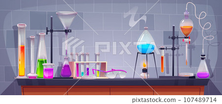 Glass equipment on table in laboratory - Stock Illustration [107489714 ...