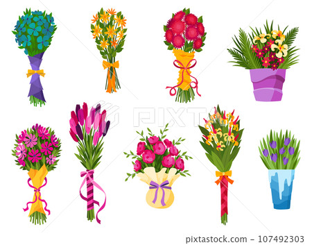 Flower bouquet icon set. Cartoon blooming bunch... - Stock Illustration ...