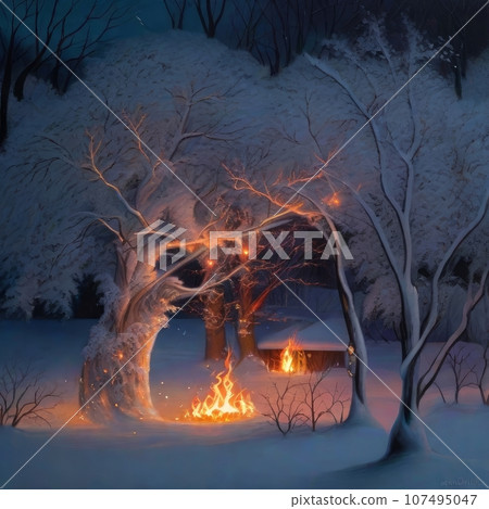 Campfire under the trees in the winter - Stock Illustration [107495047 ...