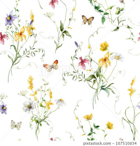 Watercolor meadow flowers seamless pattern of... - Stock Illustration ...