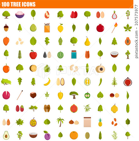 100 tree icon set. Flat set of 100 tree vector... - Stock Illustration ...