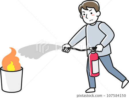 Young man putting out a fire using a fire... - Stock Illustration ...