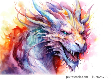 watercolor fantasy colorful portrait of dragon... - Stock Illustration ...