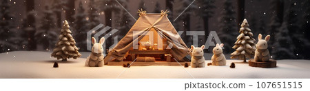 Cute rabbit camping (3D) landscape winter - Stock Illustration ...