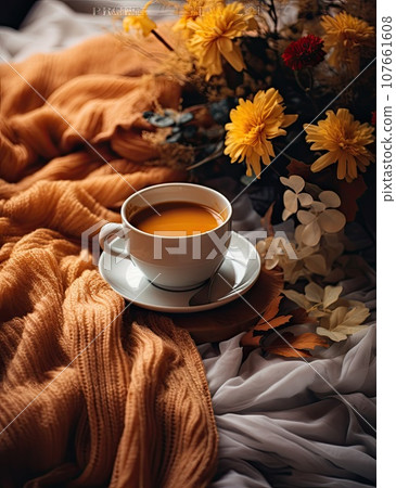 a cup of tea on a bed with yellow flowers in... - Stock Illustration ...