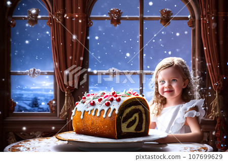 Yule log cake and girl on the table AI... - Stock Illustration ...