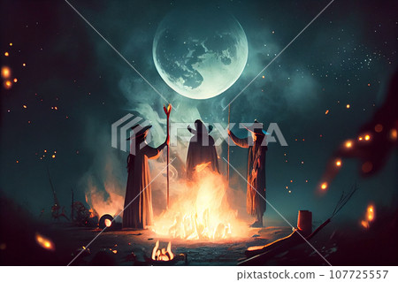 Occult witch sabbath ritual fire gathering in... - Stock Illustration ...