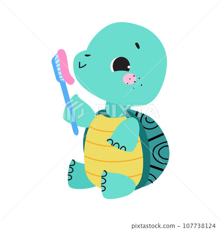 Cute Little Turtle Character Brushing Teeth... - Stock Illustration ...
