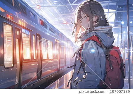 High school girl commuting to school by train... - Stock Illustration ...