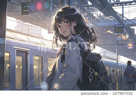 High school girl commuting to school by train... - Stock Illustration ...