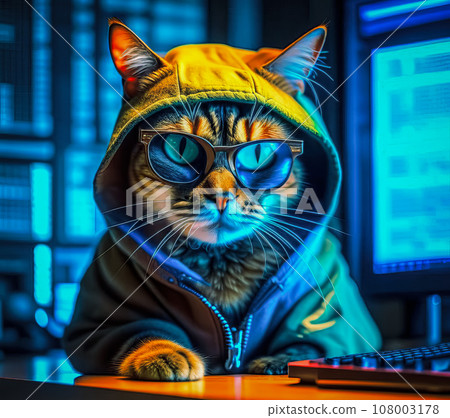 Serious cat hacker or software developer in a... - Stock Illustration ...