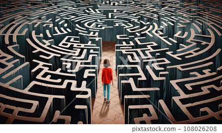 Child is facing a surreal complicated labyrinth... - Stock Illustration ...