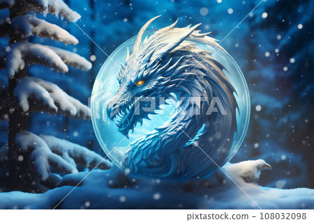 Ice blue dragon in Christmas Magic Snow Ball on... - Stock Illustration ...