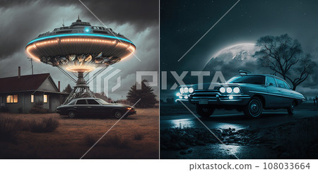 Flying saucer flying over farm at night. Alien... - Stock Illustration ...