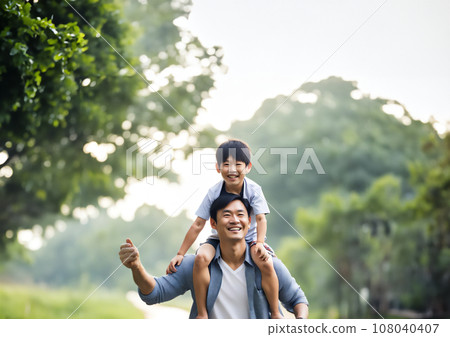 Little boy riding on his father's shoulders... - Stock Illustration ...